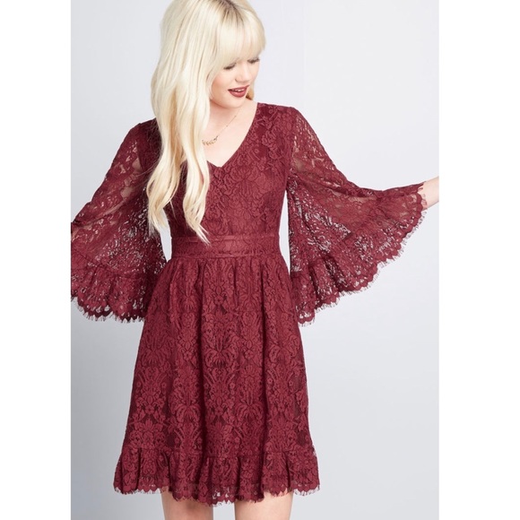 Modcloth | Dresses | Modcloth Bell Sleeve Lace Dress In Burgundy | Poshmark